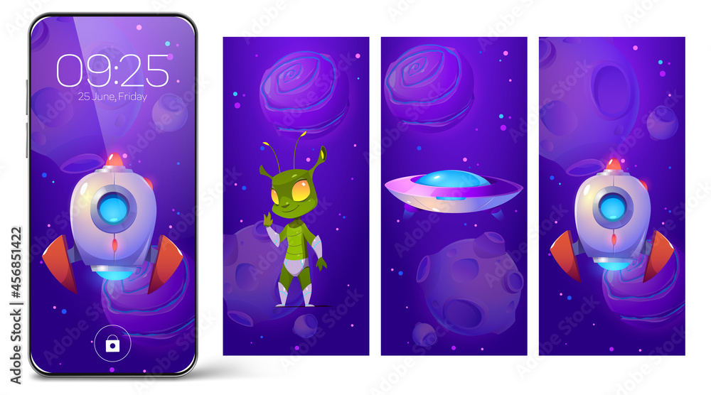 Smartphone lock screens with cartoon alien, rocket and ufo saucer in ...