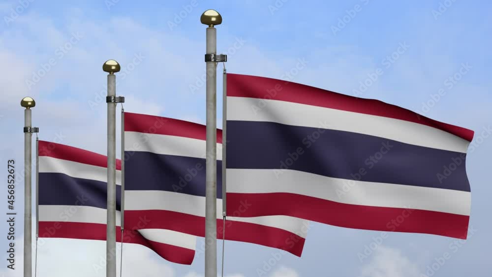 3D, Thai flag waving on wind with blue sky and clouds. Thailand banner ...