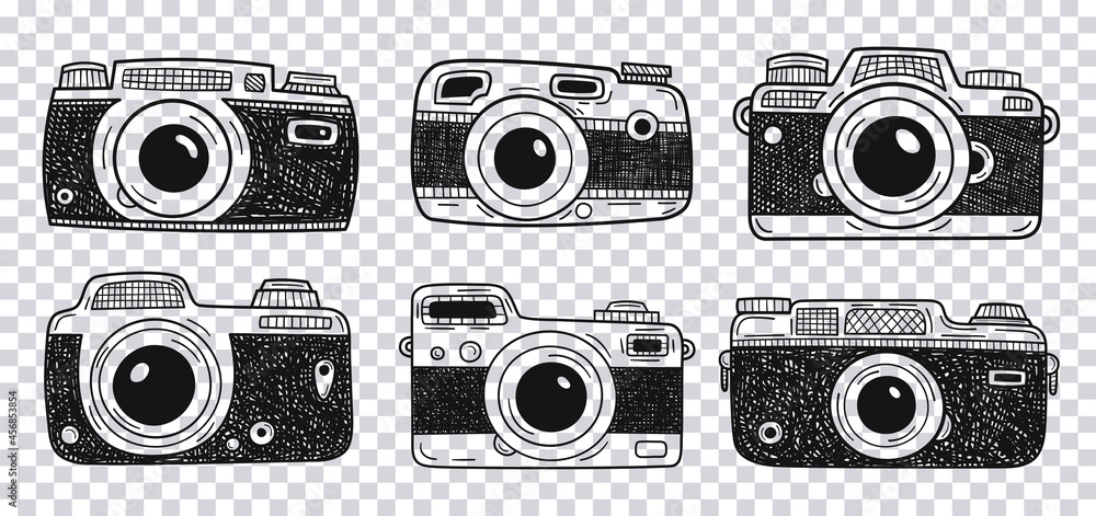 Collection of Photo Cameras isolated on transparent background. Hand ...