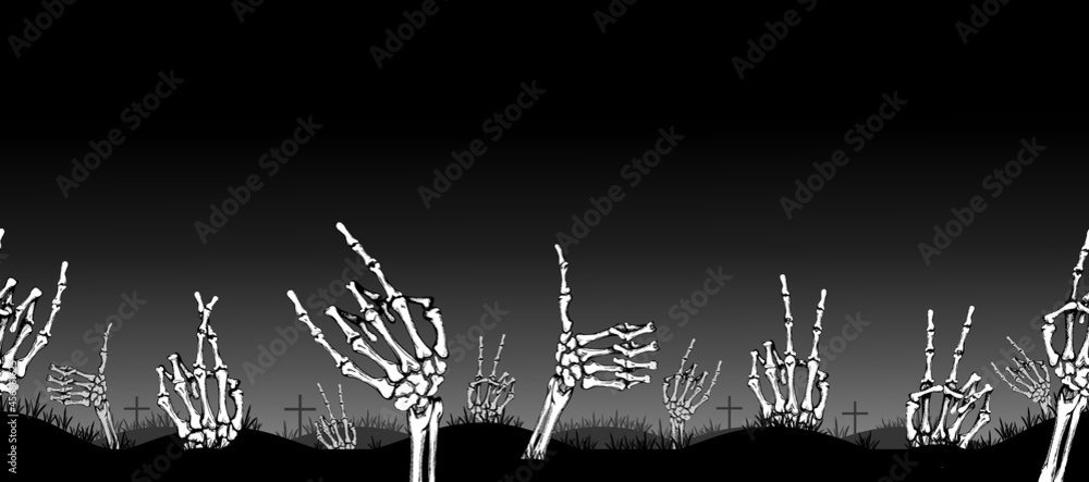 Skeleton hands gestures border horizontal black banner. Vector ...