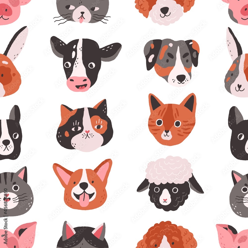 Seamless pattern with cute animals heads and faces on white background ...