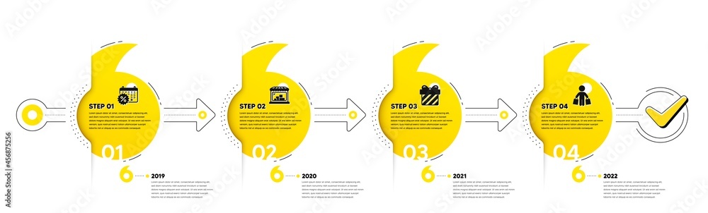 Trade Infographic timeline with 4 steps. Shopping process diagram with ...