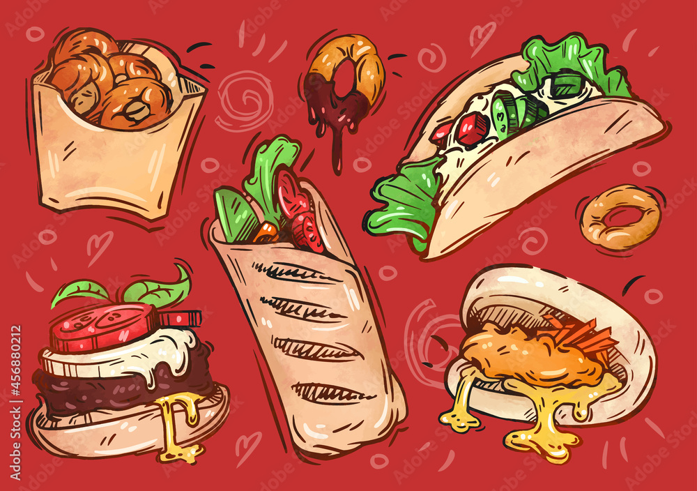 Fast food illustration. Hand drawn sketch. Onion rings, tortilla ...