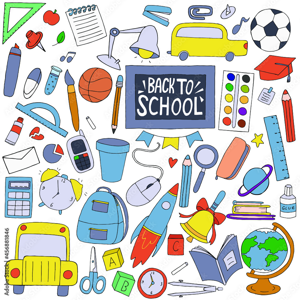 back to school, a large set of school items and stationery - pencils ...
