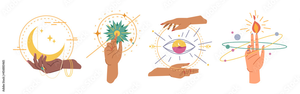 Esoteric, magic hands sign symbols created by gestures. Vector mystical ...