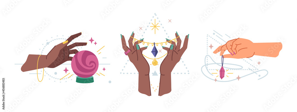 Hands with magic ball crystal, spells with gem amulet isolated flat ...