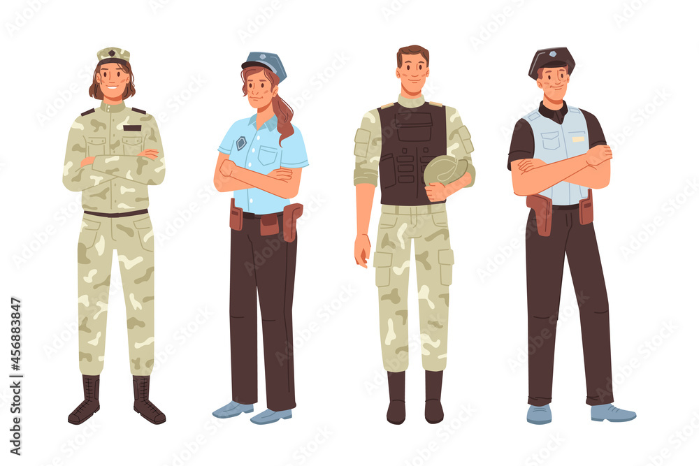 Police and military officer isolated men women cartoon characters ...