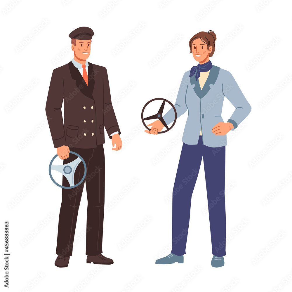 Drivers, working profession of man and woman isolated cartoon ...