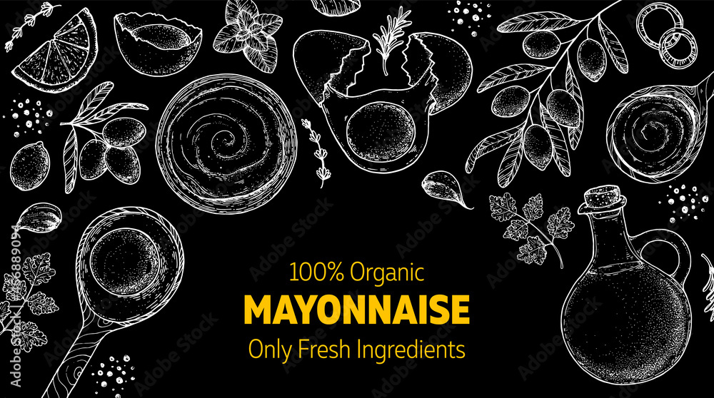 Mayonnaise sauce cooking and ingredients frame. Hand drawn sketch ...