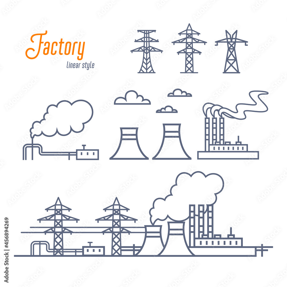 Energy plant or Industrial Factory icons set. Various electricity plant ...