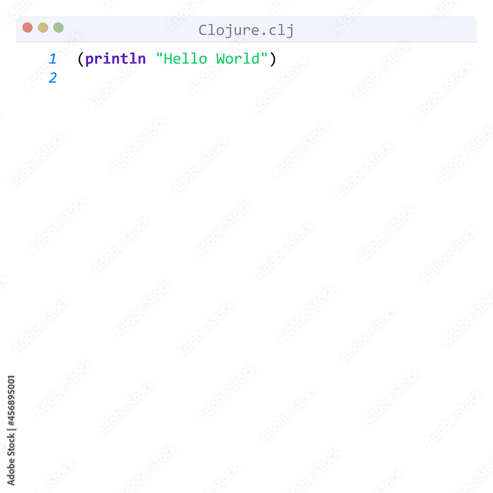 Clojure language Hello World program sample in editor window Stock Vector | Adobe Stock