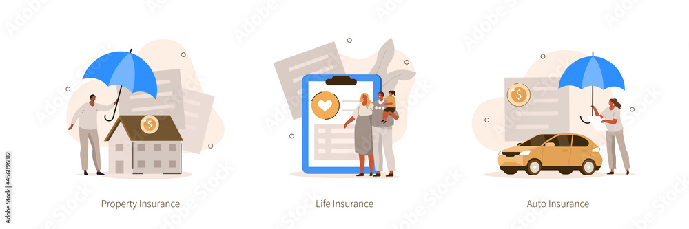 Insurance agents presenting auto, life and property insurance policies ...