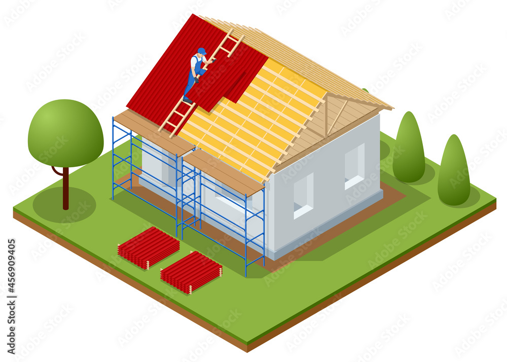 Isometric roofing construction. Concept of residential building under ...