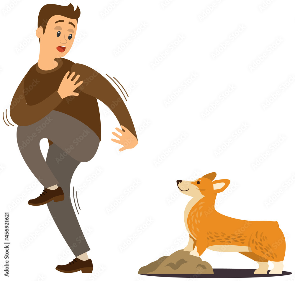 Man frightened by dog suffers from cynophobia, human fear concept ...