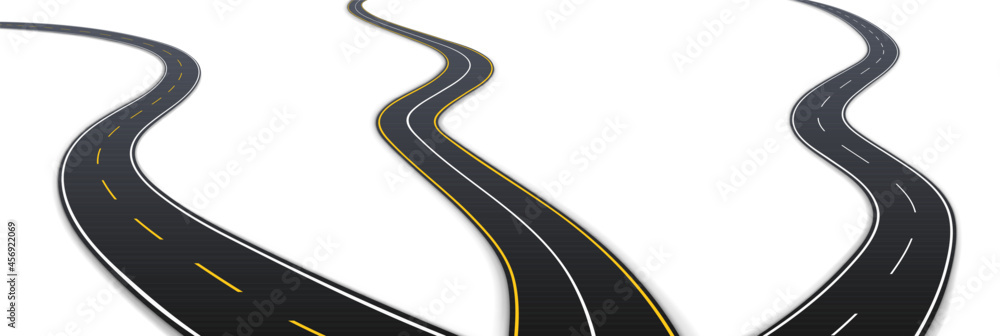 Curved highway road set 3d realistic street pathway from black asphalt ...