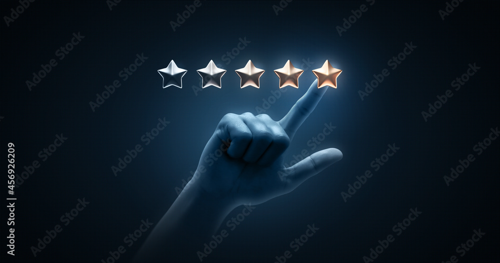 Hand pointing review rating gold star sign or best excellent ...