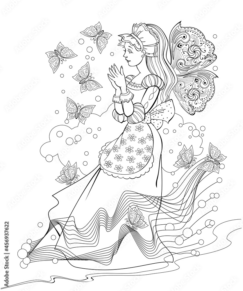 Black and white page for kids coloring book. Illustration of beautiful ...