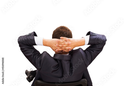 Man Sitting Back to Camera, hands the Guy behind the Head, isolated on ...