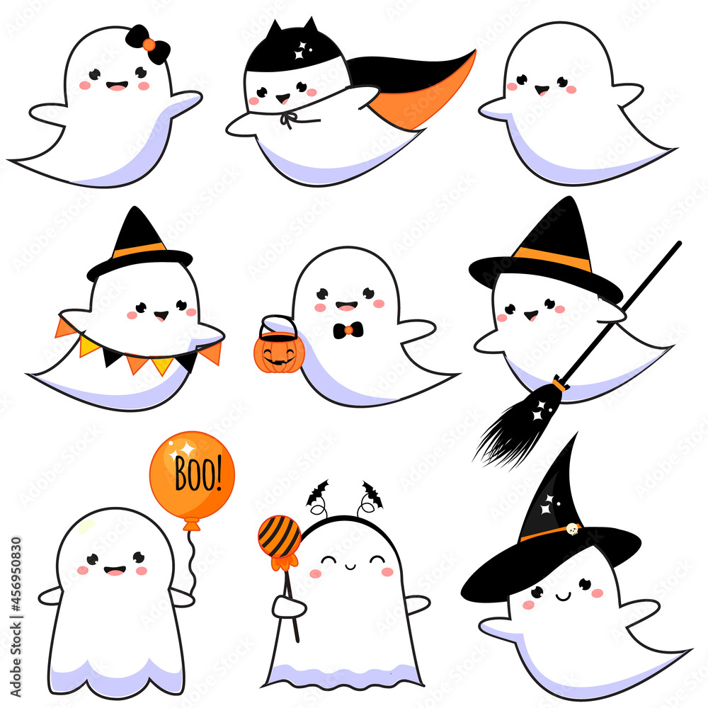 Cute Ghosts Set Halloween Characters In Kawaii Style Collection Of