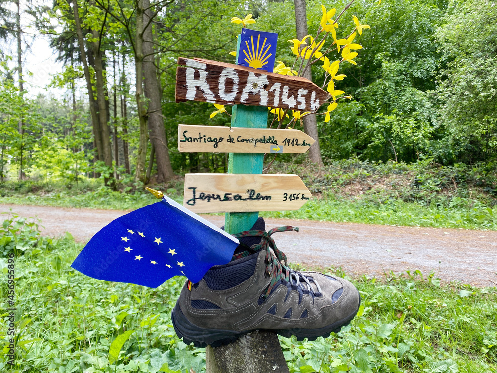 Wegweiser zum Jakobsweg oder Camino im Wald mit Wanderschuh Stock Photo ...