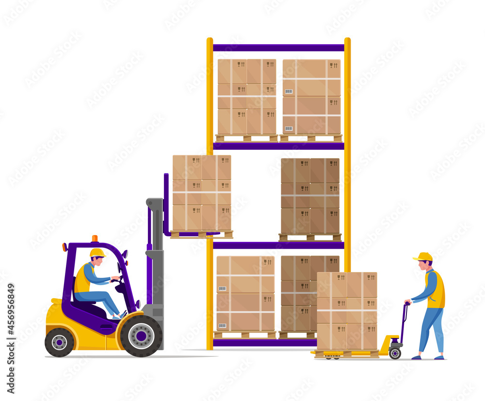 Forklift with pile of goods boxes on pallet loads stillage for storage ...