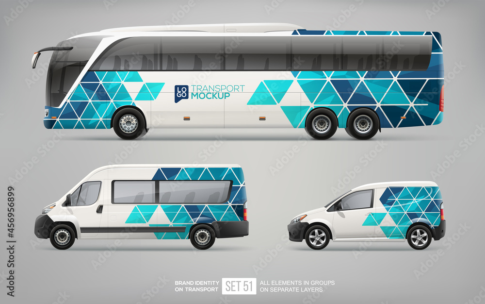 Realistic vector Coach Bus, passenger van and service car mockup with ...
