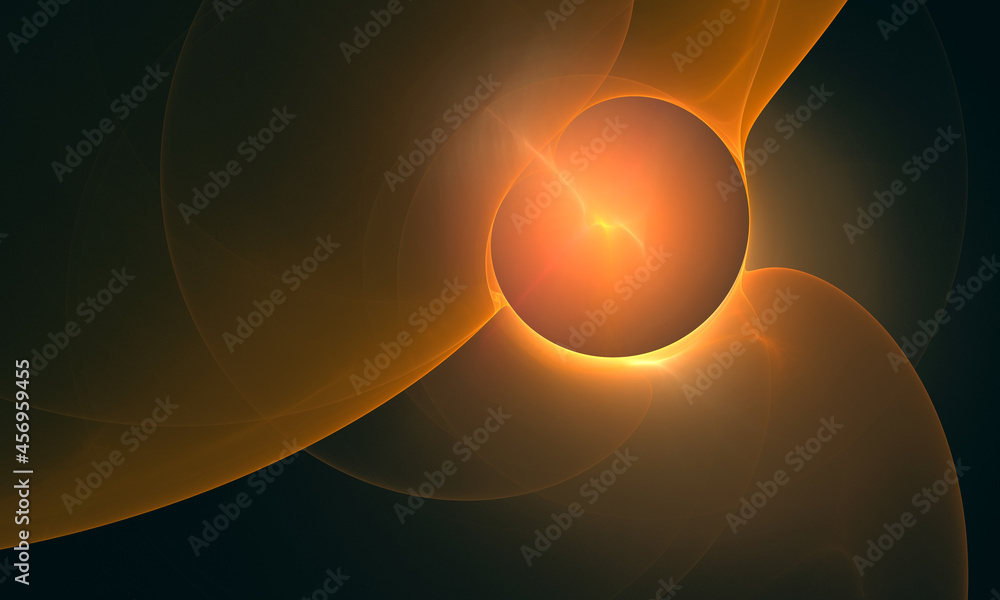 Abstract digital 3d eclipse glowing on fictional orbit in dark space ...