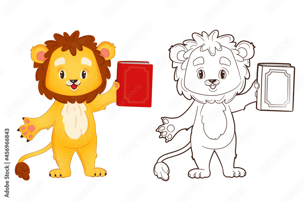 Coloring book little lion is holding a book. Vector illustration Stock ...