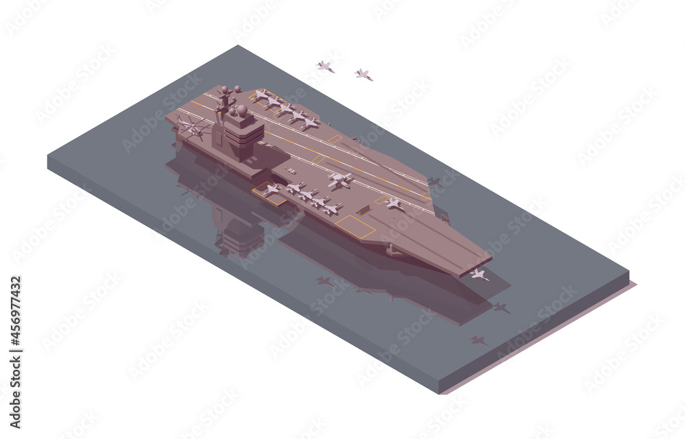 Isometric aircraft carrier vessel. Low poly navy ship with fighters ...