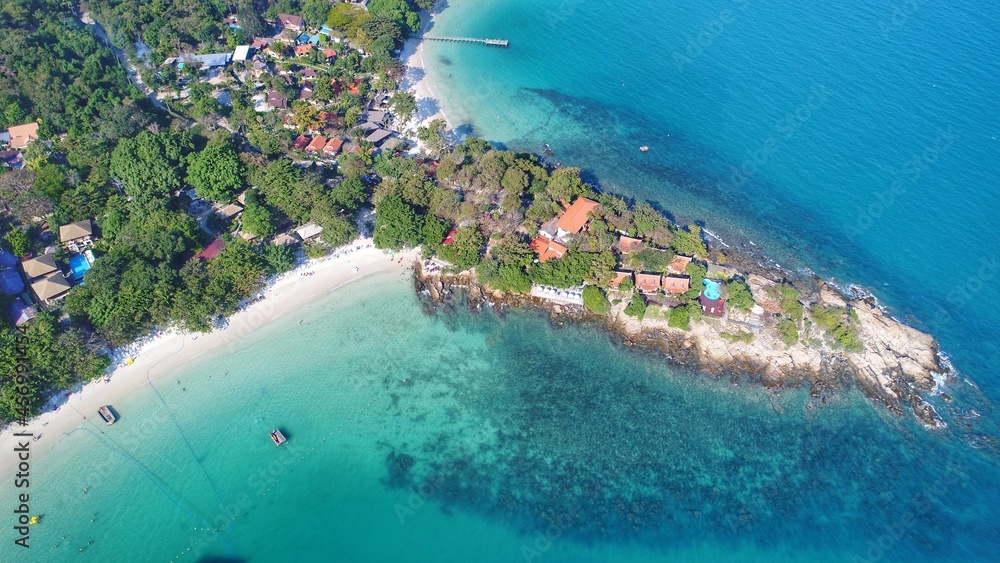 aerial top view of Wong Duean Beach at Ko Samet Island with beautiful tropical crystal clear ...