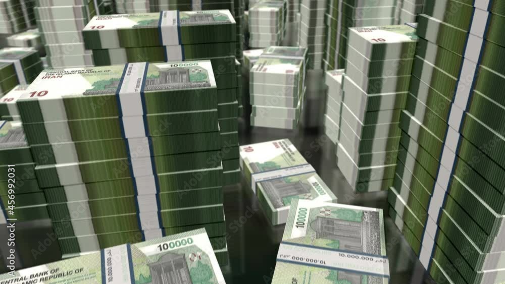 Iran Rial money notes packs loop. 3D flight over IRR banknotes stacks ...