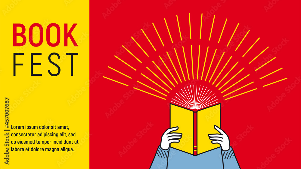 Banner for book festival. Open book as flashlight. Vector minimalist ...