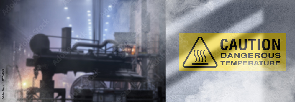 High temperature yellow sign in the melting furnace. Steel mill ...
