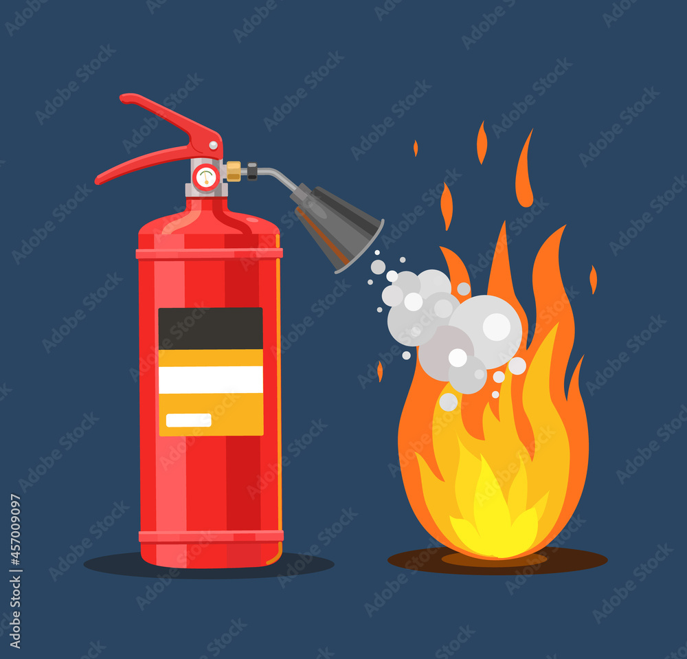 The fire extinguisher extinguishes fire with foam. Fire safety. Flat ...