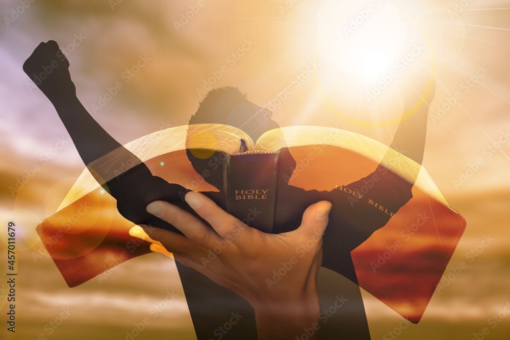 Strong man looking to god for spiritual hope. Religious symbol bible ...