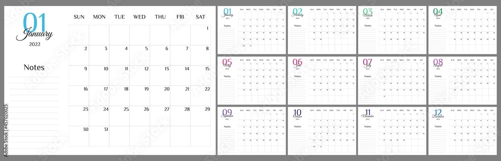 Calendar 2022 template planner minimalist. Colorful planner 2022 with ...