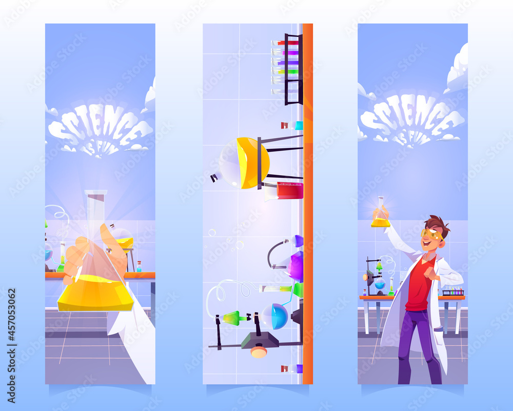 Bookmarks with man with flask in chemical laboratory. Vector vertical ...