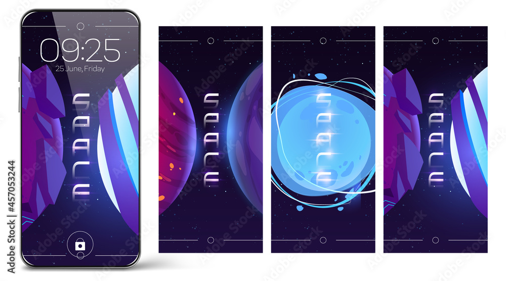 Smartphone lock screen with space and planets. Cartoon design of mobile ...