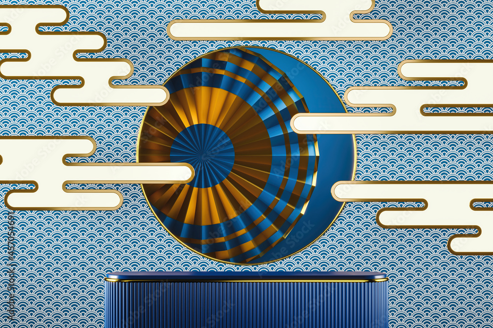 Blue platform on backdrop japan style, gold frame and blue chinese fan ...