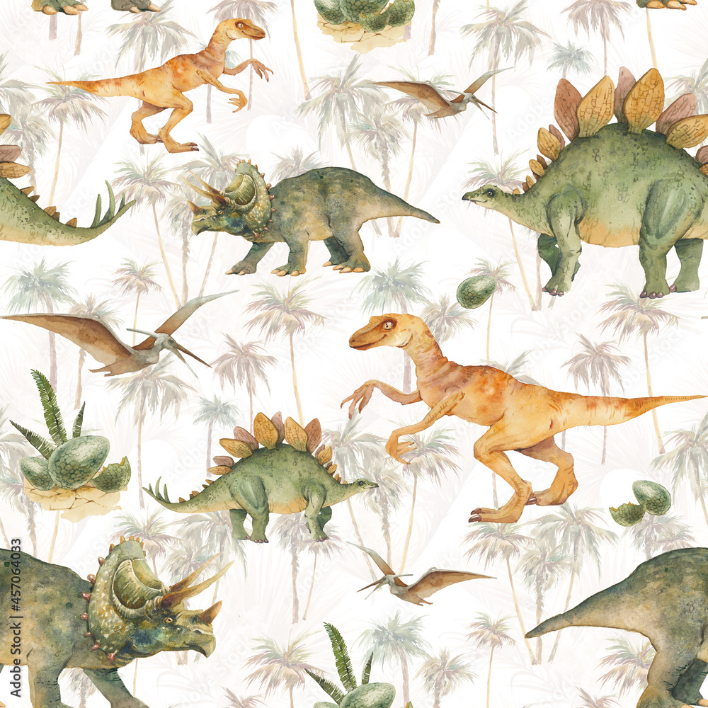 Dinosaur seamless pattern. Watercolor cartoon dino wallpaper. Surface ...