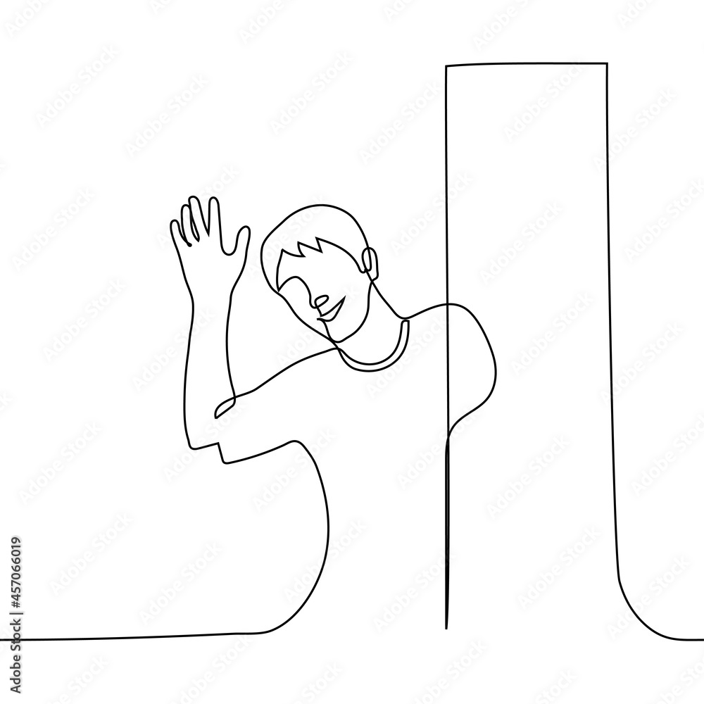 man smiles and waves his hand peeping out of the opened door - one line ...