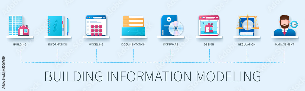Building information banner with icons. Building, information, modeling ...