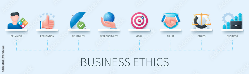 Business ethics banner with icons. Behavior, reputation, reliability ...