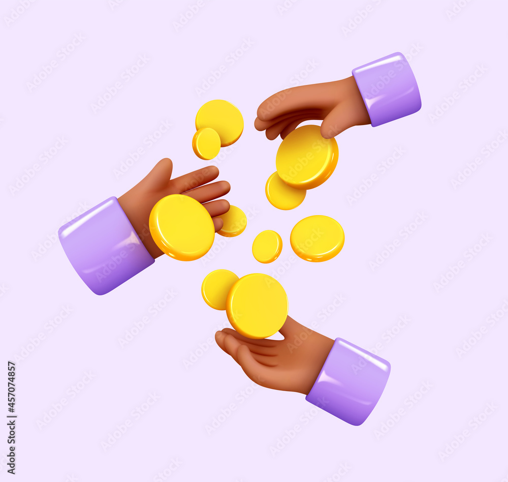 Gold Coins money passed and served from hand to hands. Creative concept ...