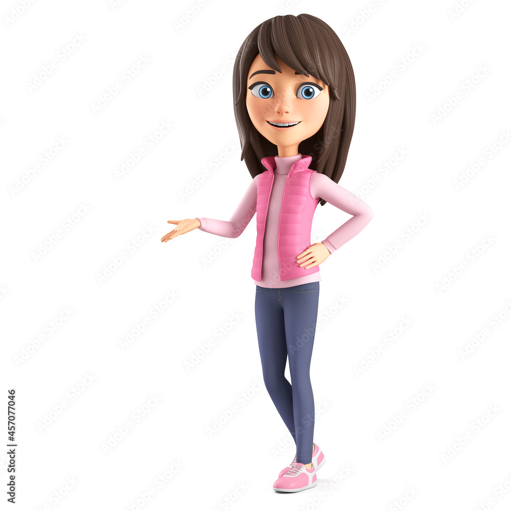 Cartoon beautiful girl character in a pink jacket holds a presentation ...