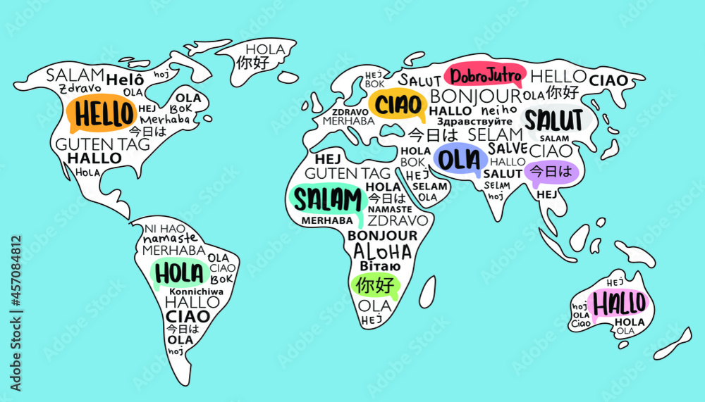 Vetor de Hello in different languages on world map concept design do ...
