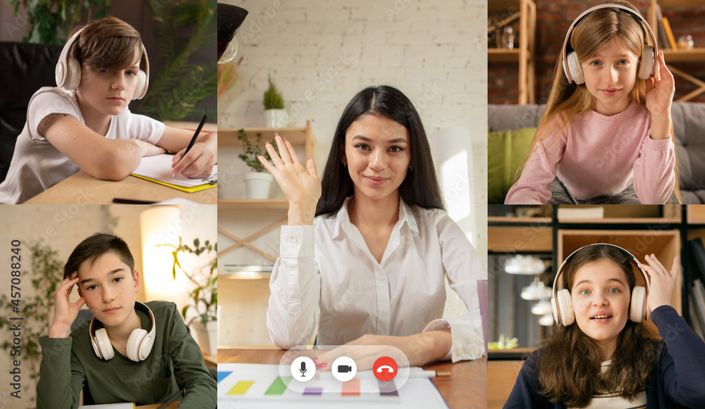 Collage. Group of kids, students studying by group video call, use ...