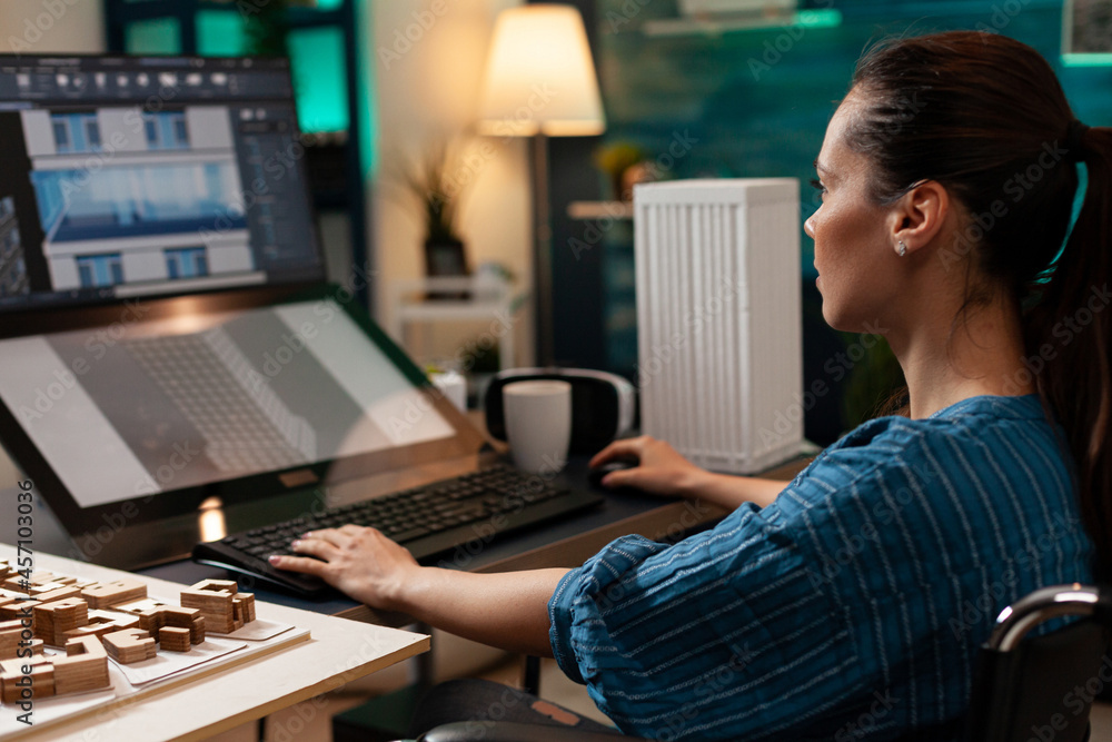 Digital engineer working on virtual blueprint building plan sketch on ...