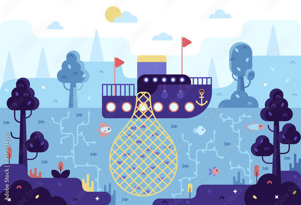 Commercial fishing - a fishing boat with a net full of fish stands by ...