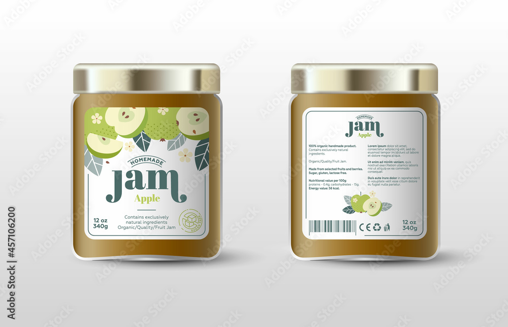 Apple jam. Label for jar and packaging. Whole and cut fruits, leaves ...